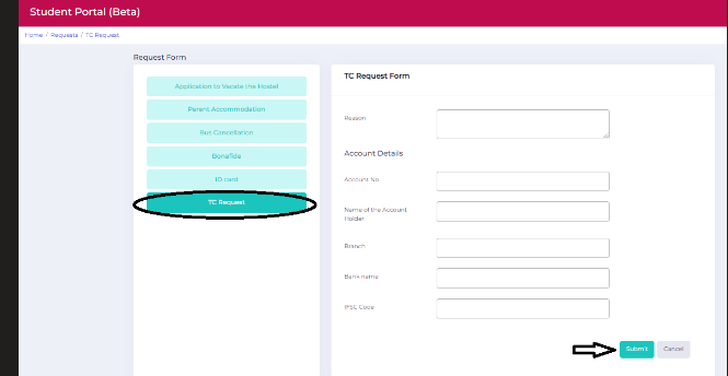 How student request TC through Student portal?